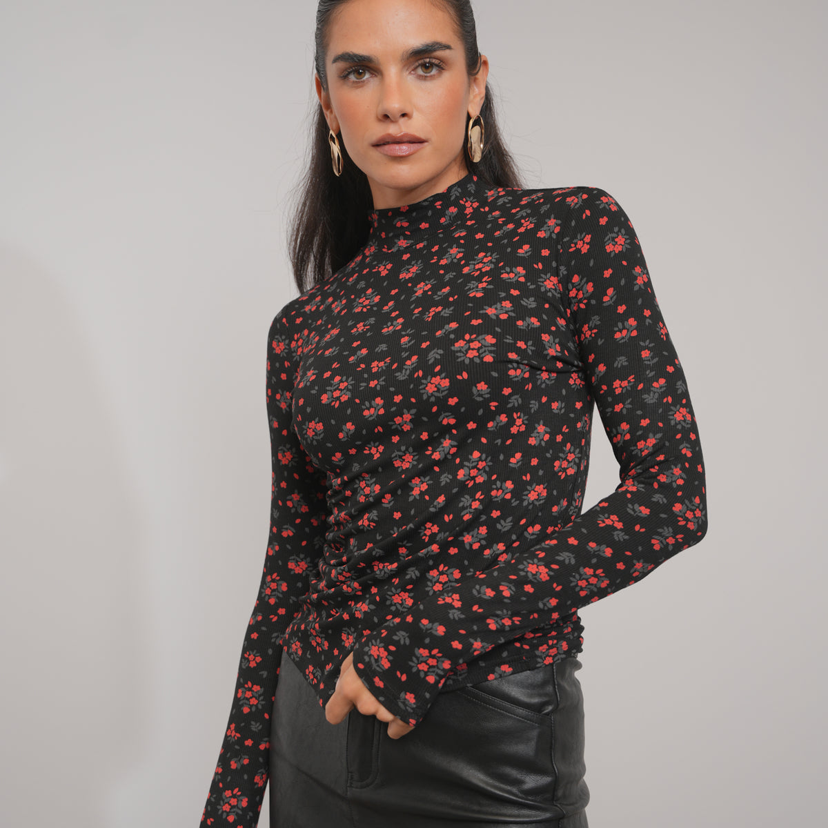 Mock Neck Print Rib Top – udelny.com