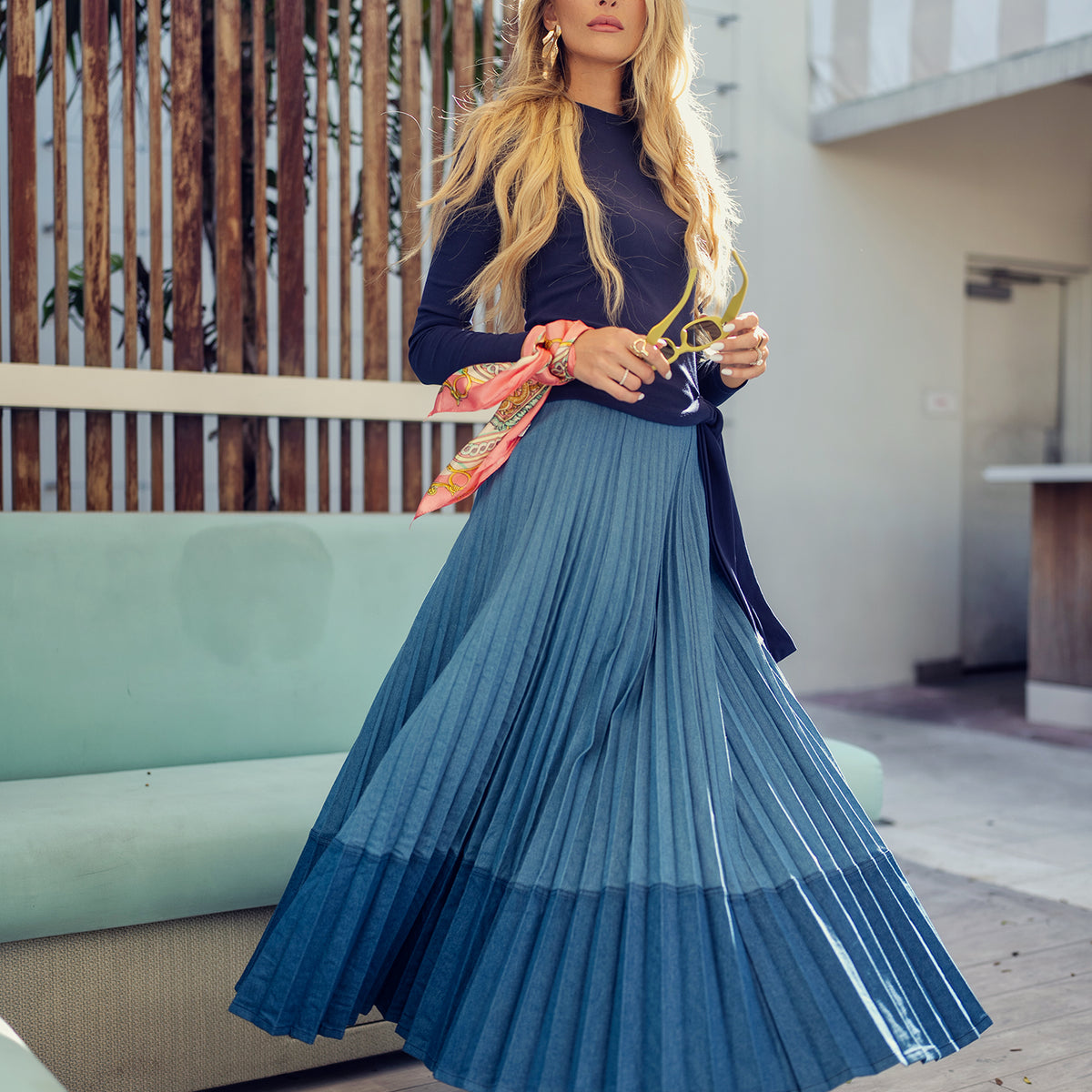 Colorblock Pleated Denim Skirt - Long – udelny.com